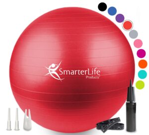 smarterlife workout exercise ball for fitness, yoga, balance, stability, or birthing, great as yoga ball chair for office or exercise gym equipment for home, non-slip design (65 cm, red)