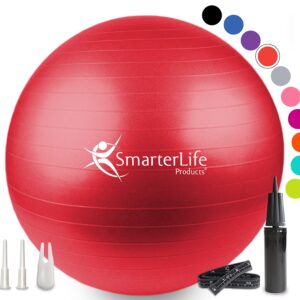 SmarterLife Workout Exercise Ball for Fitness, Yoga, Balance, Stability, or Birthing, Great as Yoga Ball Chair for Office or Exercise Gym Equipment for Home, Non-Slip Design (65 cm, Red)