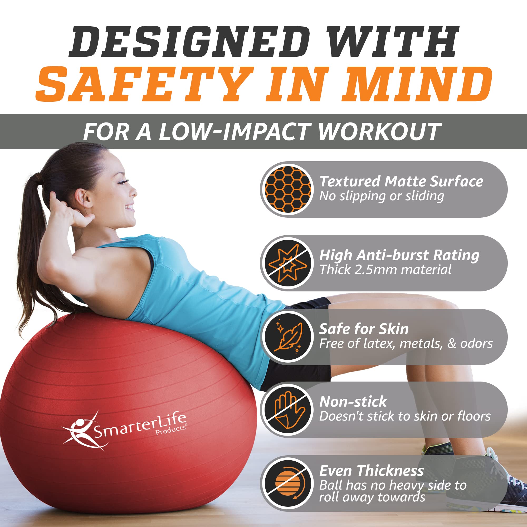 SmarterLife Workout Exercise Ball for Fitness, Yoga, Balance, Stability, or Birthing, Great as Yoga Ball Chair for Office or Exercise Gym Equipment for Home, Non-Slip Design (65 cm, Red)