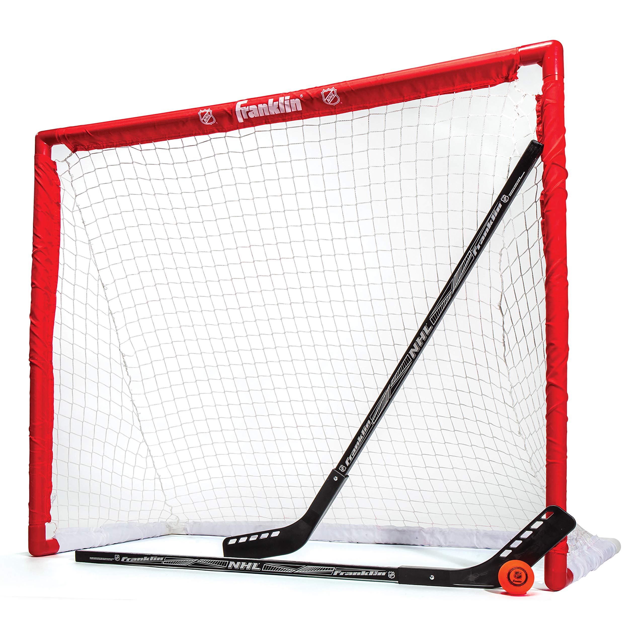 Franklin Sports NHL Youth Street Hockey Set - (2) Kids Junior Hockey Sticks, PVC Goal + Roller Hockey Ball Included - Indoor + Outdoor Net - 46", Red