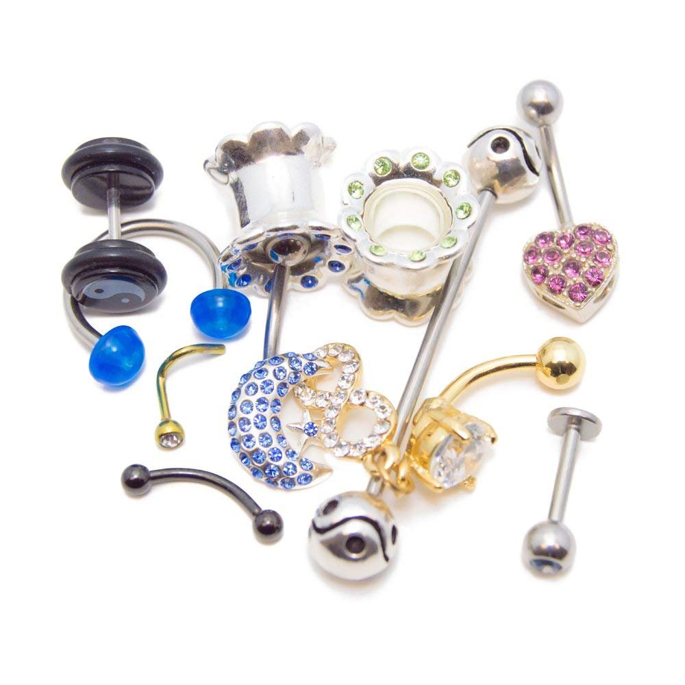 BodyJewelryOnline Randomly Picked Body Jewelry Pack [50 Pieces: Belly/Nose/Nipple/Tongue/Ear/Lip Rings], Package May Include Plugs/Bars/Belly/Industrial/Acrylic/316L Surgical Steel Jewelry