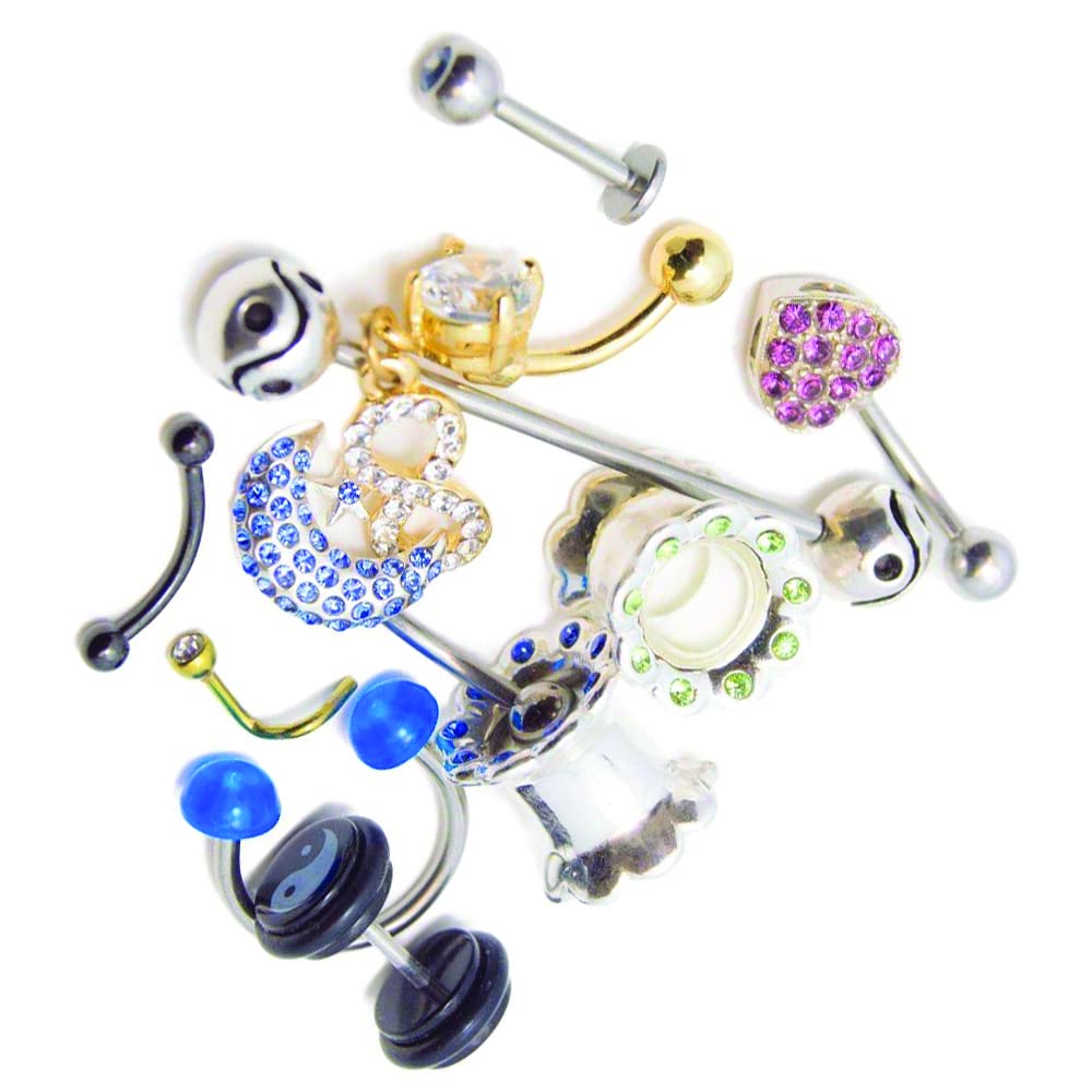 BodyJewelryOnline Randomly Picked Body Jewelry Pack [50 Pieces: Belly/Nose/Nipple/Tongue/Ear/Lip Rings], Package May Include Plugs/Bars/Belly/Industrial/Acrylic/316L Surgical Steel Jewelry