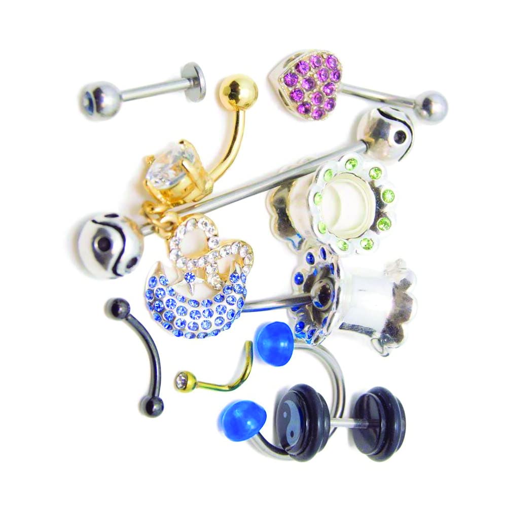 BodyJewelryOnline Randomly Picked Body Jewelry Pack [50 Pieces: Belly/Nose/Nipple/Tongue/Ear/Lip Rings], Package May Include Plugs/Bars/Belly/Industrial/Acrylic/316L Surgical Steel Jewelry