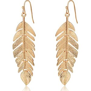 humble chic floating feathers dangle earrings - long hanging metal link leaf drops, gold