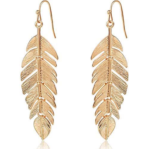 Humble Chic Floating Feathers Dangle Earrings - Long Hanging Metal Link Leaf Drops, Gold