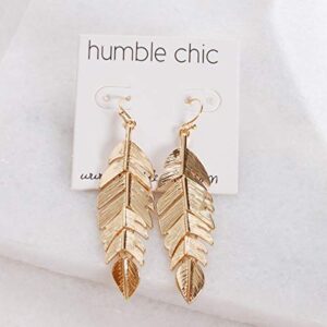 Humble Chic Floating Feathers Dangle Earrings - Long Hanging Metal Link Leaf Drops, Gold