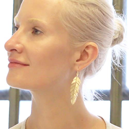 Humble Chic Floating Feathers Dangle Earrings - Long Hanging Metal Link Leaf Drops, Gold