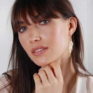 Humble Chic Floating Feathers Dangle Earrings - Long Hanging Metal Link Leaf Drops, Gold