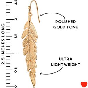 Humble Chic Floating Feathers Dangle Earrings - Long Hanging Metal Link Leaf Drops, Gold