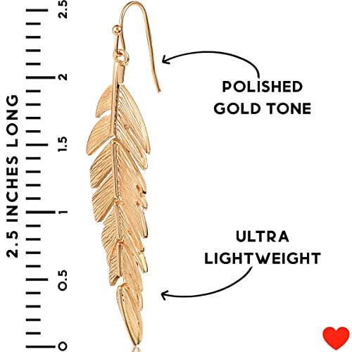 Humble Chic Floating Feathers Dangle Earrings - Long Hanging Metal Link Leaf Drops, Gold