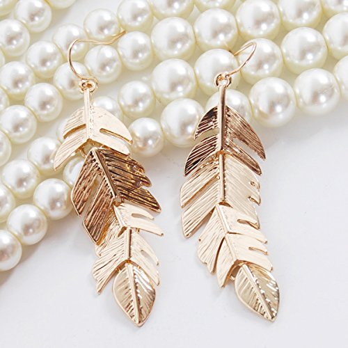 Humble Chic Floating Feathers Dangle Earrings - Long Hanging Metal Link Leaf Drops, Gold