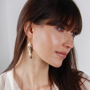 Humble Chic Floating Feathers Dangle Earrings - Long Hanging Metal Link Leaf Drops, Gold