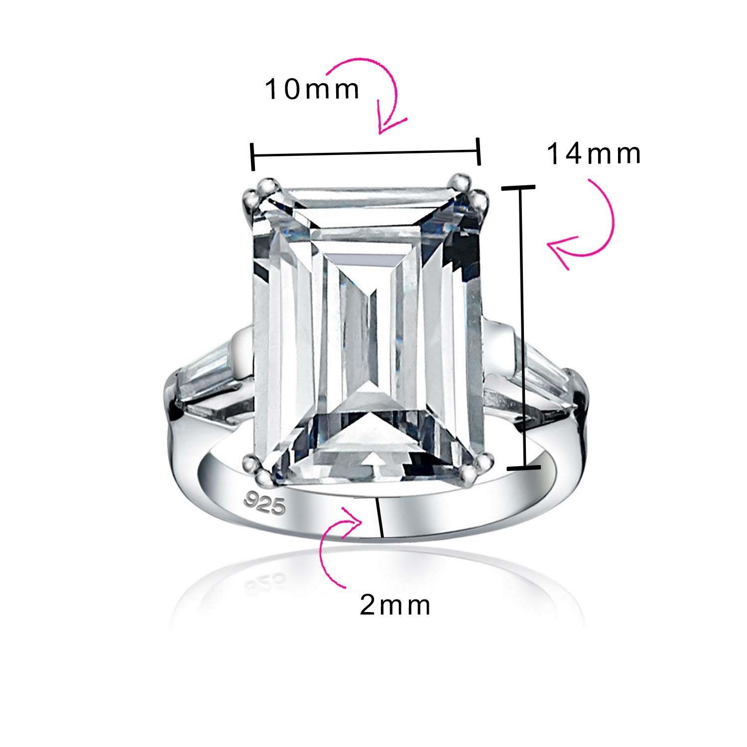 Bling Jewelry Art Deco Style Bridal Wedding Big 10CT AAA CZ Solitaire Emerald Cut Statement Engagement Ring For Women .925 Sterling Silver Cubic Zirconia Baguette Side Stones