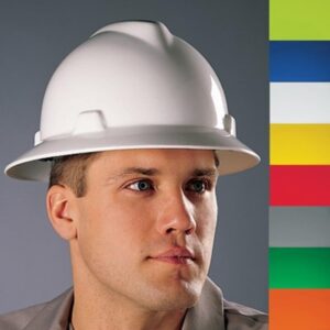 MSA 10058321 V-Gard Full-Brim Hard Hat With 1-Touch Suspension | Polyethylene Shell, Superior Impact Protection, Self Adjusting Crown Straps - Standard Size in White