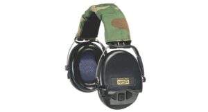 msa 10082167 supreme pro-x electronic earmuff with camo headband, black earcups, foam sealing rings, nrr: 18 dba, ip rating: 67, designed for both left and right-handed shooters