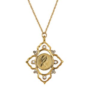 american coin treasures pendant necklace with queen elizabeth ii 1/2 new penny great britain coin | victorian style goldtone | 21 inch rope chain with lobster claw clasp | certificate of authenticity