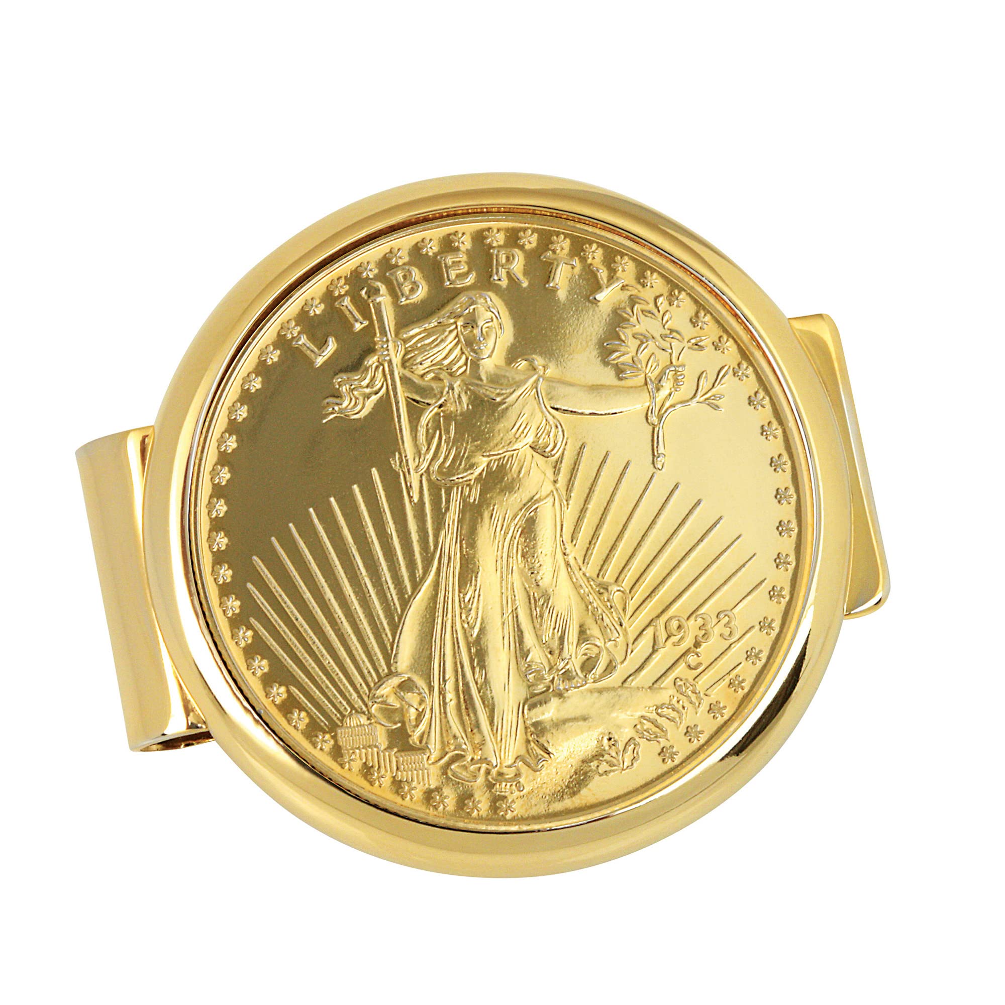 American Coin Treasures Gold Tone Coin Money Clip - Tribute To $20 1933 Saint Gaudens Double Eagle Gold Piece MoneyClip - Holder