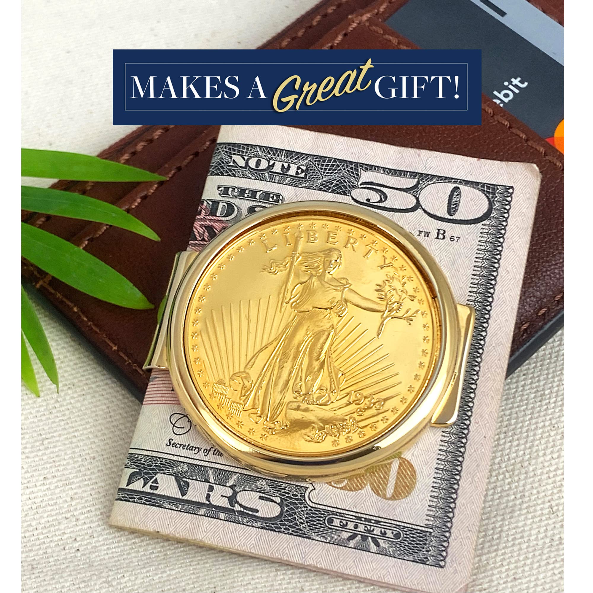 American Coin Treasures Gold Tone Coin Money Clip - Tribute To $20 1933 Saint Gaudens Double Eagle Gold Piece MoneyClip - Holder