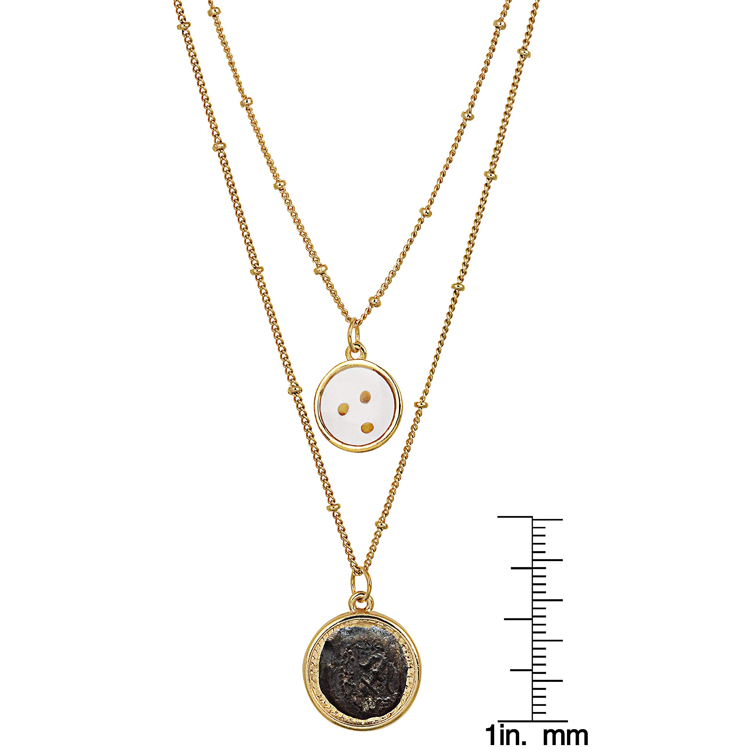 American Coin Treasures Double Chain Necklace Widow's Mite Coin Pendant with Mustard Seed Charm | Saturn Style 18 and 16 Inch Goldtone Chain | Certificate of Authenticity