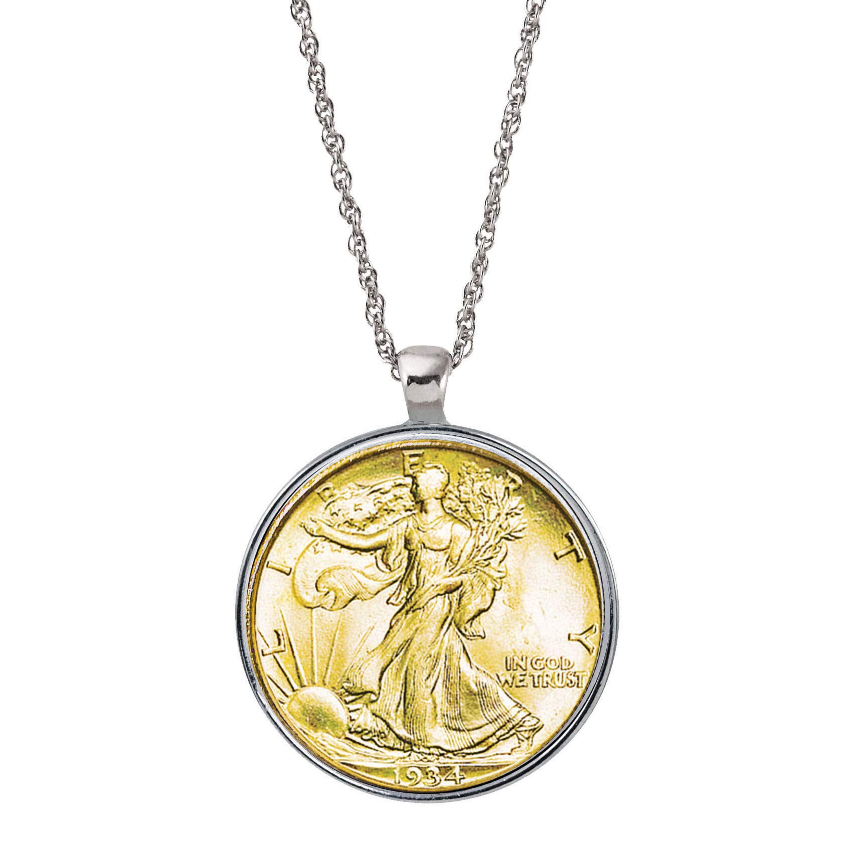 Gold Layered Silver Walking Liberty Half Dollar Coin Silvertone Pendant Necklace