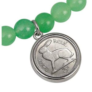 American Coin Treasures Irish Rabbit Coin Stretch Bracelet | Lucky Irish Three Pence | Green Aventurine Beads | One Size | Certificate of Authenticity