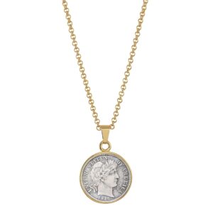 american coin treasures silver barber dime goldtone coin pendant with 18" chain necklace - genuine and elegant keepsake jewelry for women | white luxury gift box included