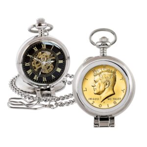 coin pocket watch with skeleton quartz movement | gold layered jfk half dollar | genuine u.s. coin | sweeping second hand, roman numerals | silvertone case | certificate of authenticity