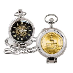 coin pocket watch with skeleton quartz movement | gold layered jfk bicentennial half dollar | genuine u.s. coin | sweeping second hand, roman numerals | silvertone case | certificate of authenticity