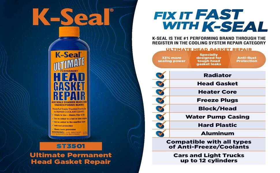 K-Seal ST3501 Pour and Go Head Gasket Sealer, 16oz, Permanent Repair for Blown Head Gaskets, Cracked Heads and Blocks