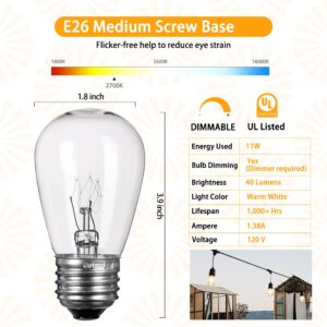 S14 Incandescent Edison Light Bulbs - 11W Vintage Clear Glass Bulbs with E26 Medium Screw‐Base, Warm Filament Replacement Bulbs for Outdoor Patio Garden String Lights, 20 Pack