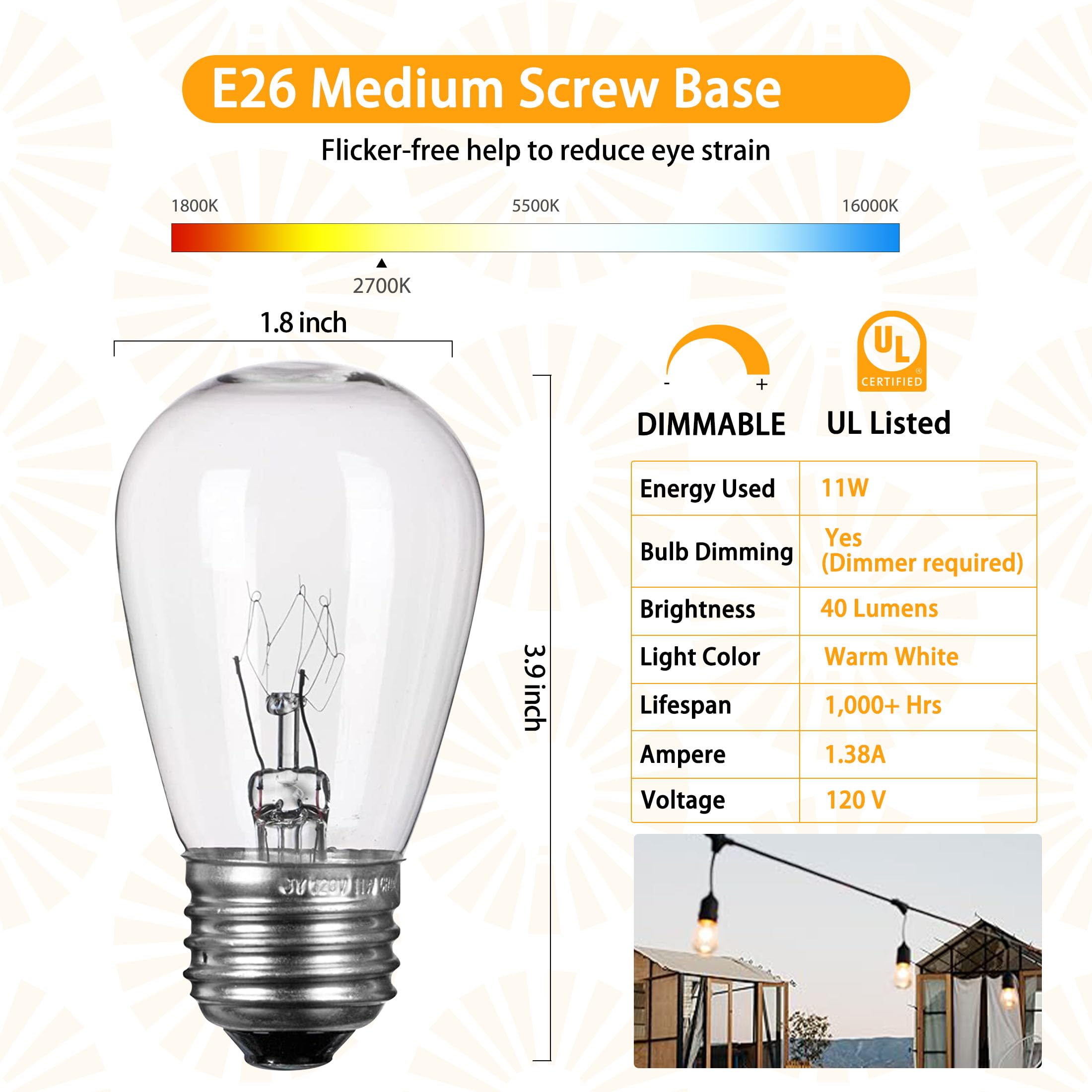 S14 Incandescent Edison Light Bulbs - 11W Vintage Clear Glass Bulbs with E26 Medium Screw‐Base, Warm Filament Replacement Bulbs for Outdoor Patio Garden String Lights, 20 Pack