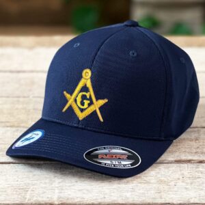 Gold Square & Compass Embroidered Masonic Flexfit Adult Cool & Dry Sport Hat - [Navy][S/M]