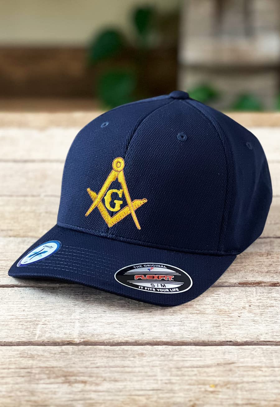 Gold Square & Compass Embroidered Masonic Flexfit Adult Cool & Dry Sport Hat - [Navy][S/M]