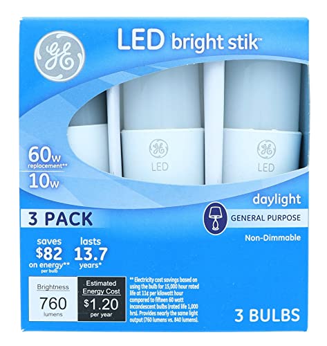 GE Lighting 79369 LED Bright Stik 10-watt (60-Watt Replacement), 760-Lumen Light Bulb with Medium Base, Daylight, 1 Box (3 Bulbs Total)