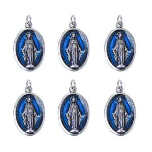 catholica shop catholic religious wear our lady of grace oxidized silver medal pendant with blue enamel - 0.59" width x 1" length - lot of 6