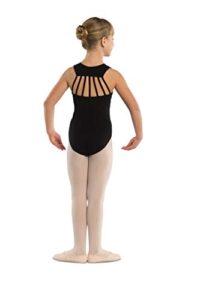 danznmotion by danshuz girls 7 strap back leotard (black, 12/14) 2409c