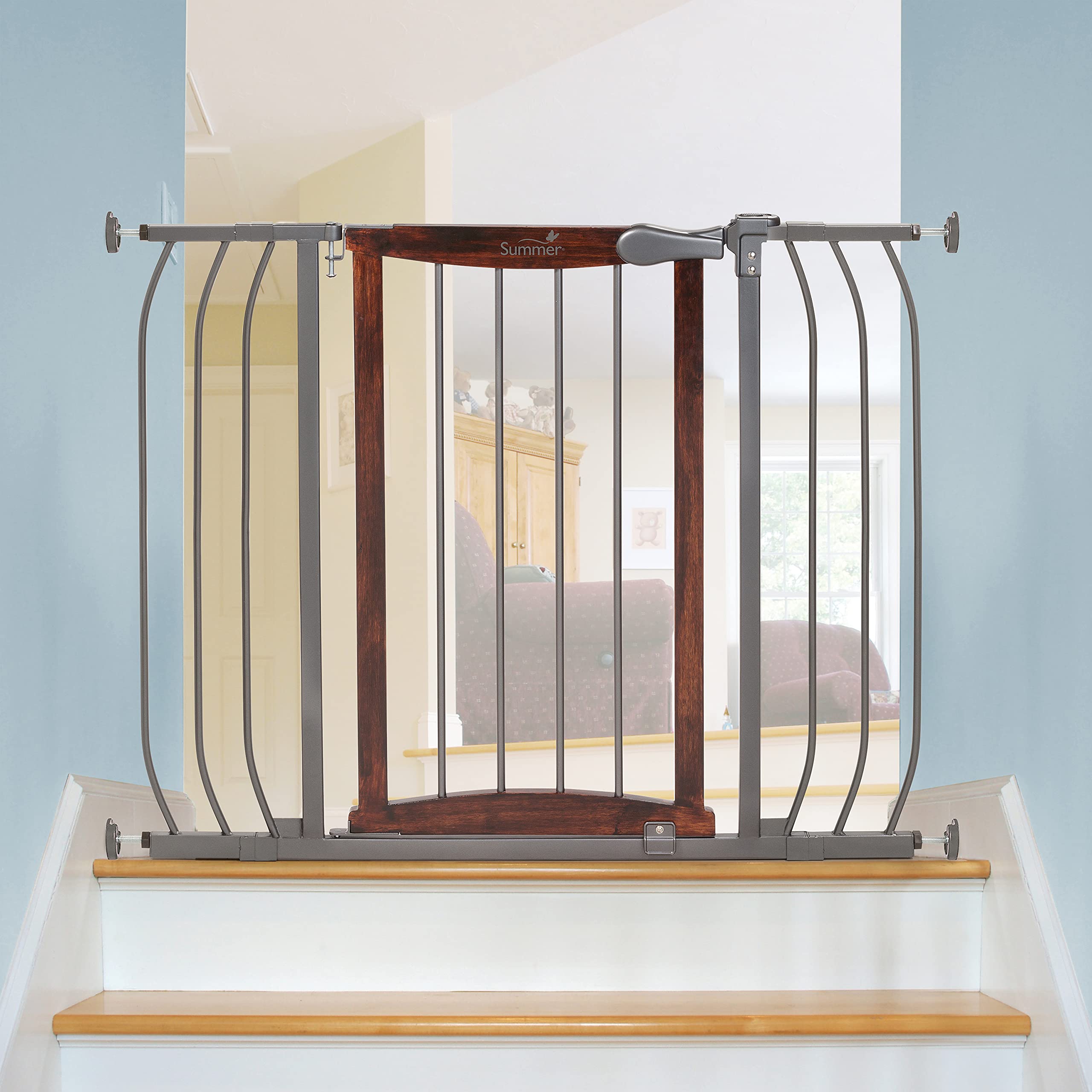 Summer by Ingenuity Anywhere Decorative Walk-Thru Pet and Baby Gate, 28" - 42.5" Wide, 30” Tall, Install In-between Rooms, Doorways and Stairways - Walnut Wood with Charcoal Metal Accents