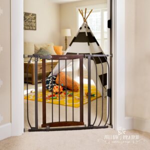 Summer by Ingenuity Anywhere Decorative Walk-Thru Pet and Baby Gate, 28" - 42.5" Wide, 30” Tall, Install In-between Rooms, Doorways and Stairways - Walnut Wood with Charcoal Metal Accents