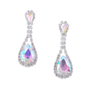 silver aurora borealis teardrop with crystal rhinestone dangle earrings