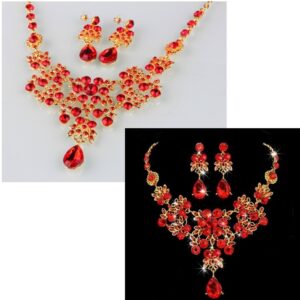 Dxhycc Silver Red Alloy Rhinestone Earrings Crystal Pendant Necklace Bridal Jewelry Set