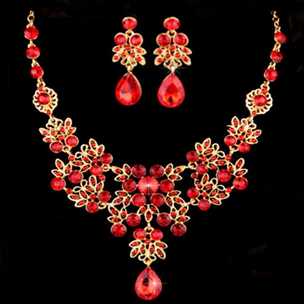 Dxhycc Silver Red Alloy Rhinestone Earrings Crystal Pendant Necklace Bridal Jewelry Set