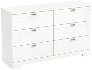 south shore reevo 6-drawer double dresser, pure white with matte nickel handles