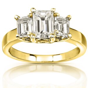 kobelli emerald-cut moissanite three-stone engagement ring 2 3/4 ctw 14k yellow gold, size 5.5