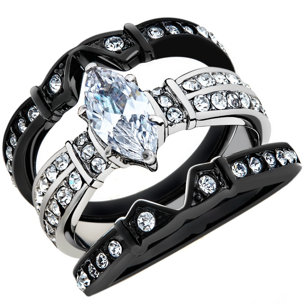 Marimor Jewelry 2.5 Carat Marquise Cut Zirconia Black Stainless Steel Wedding Ring Set Women's Size 10