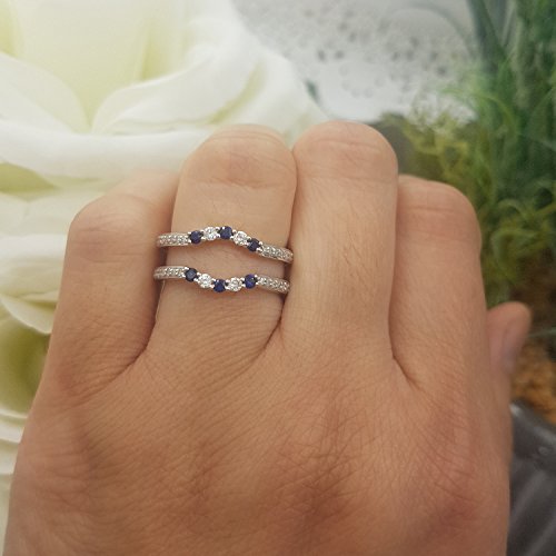 Dazzlingrock Collection Round Alternate Blue Sapphire with White Diamond Contour Wedding Guard Ring for Her in 14K White Gold Size 6