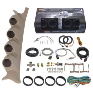 glowshift diesel gauge package compatible with ford super duty f-250 f-350 power stroke 1999-2007 - tinted 7 color 60 psi boost, 1500 f egt, transmission temp & fuel pressure gauges - tan pillar pod