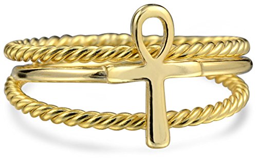 Religious Stackable Minimalist 14K Gold Plated .925 Sterling Silver Egyptian Ankh Cross Ring Set 1MM Enhancer Cable Band