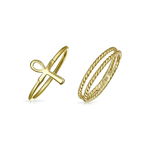 Religious Stackable Minimalist 14K Gold Plated .925 Sterling Silver Egyptian Ankh Cross Ring Set 1MM Enhancer Cable Band