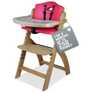 abiie beyond junior wooden high chair with tray. the perfect adjustable baby highchair solution for your babies and toddlers or as a dining chair. 6 months up to 250 lb. natural wood/pink cushion