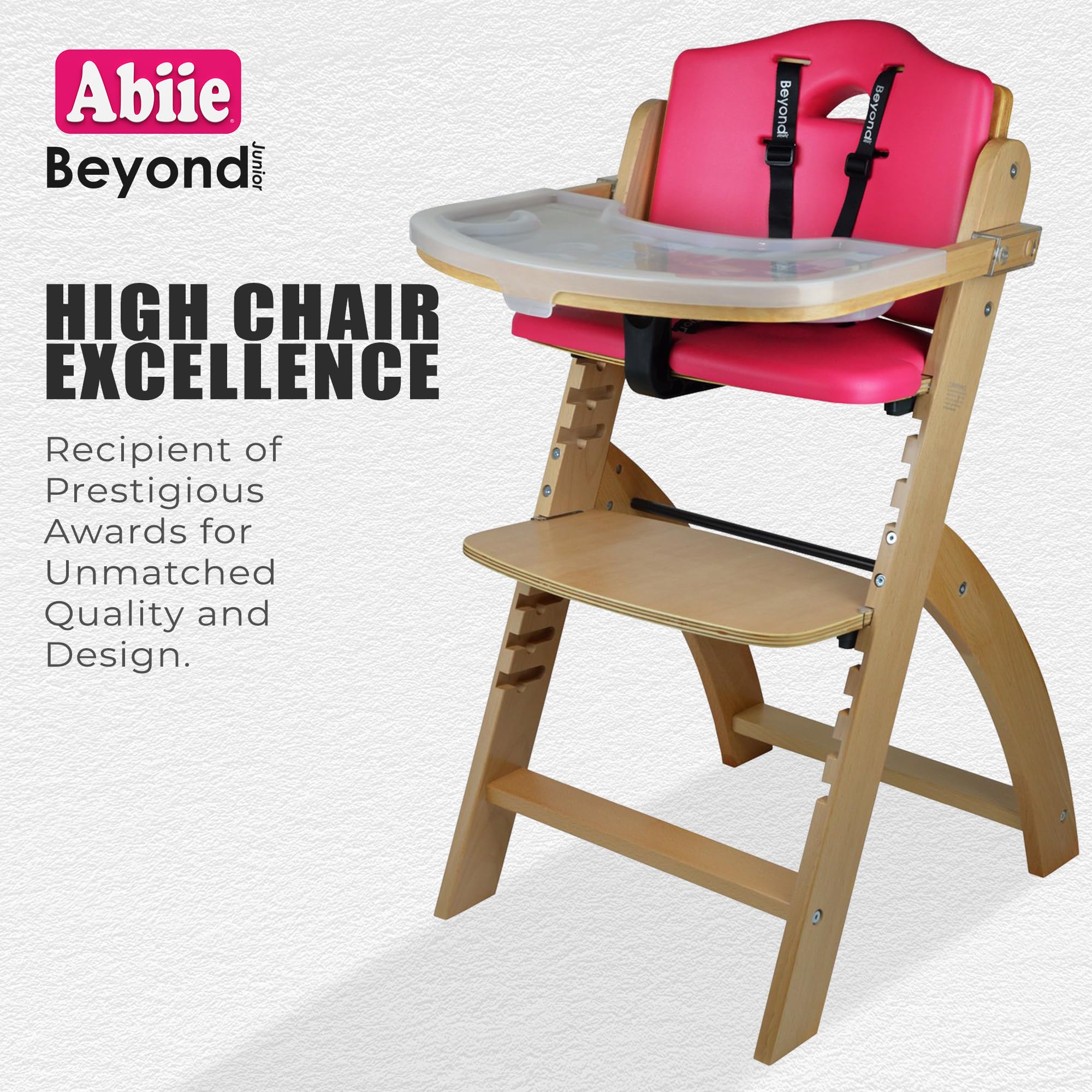 Abiie Beyond Junior Wooden High Chair with Tray. The Perfect Adjustable Baby Highchair Solution for Your Babies and Toddlers or as a Dining Chair. 6 Months up to 250 Lb. Natural Wood/Pink Cushion